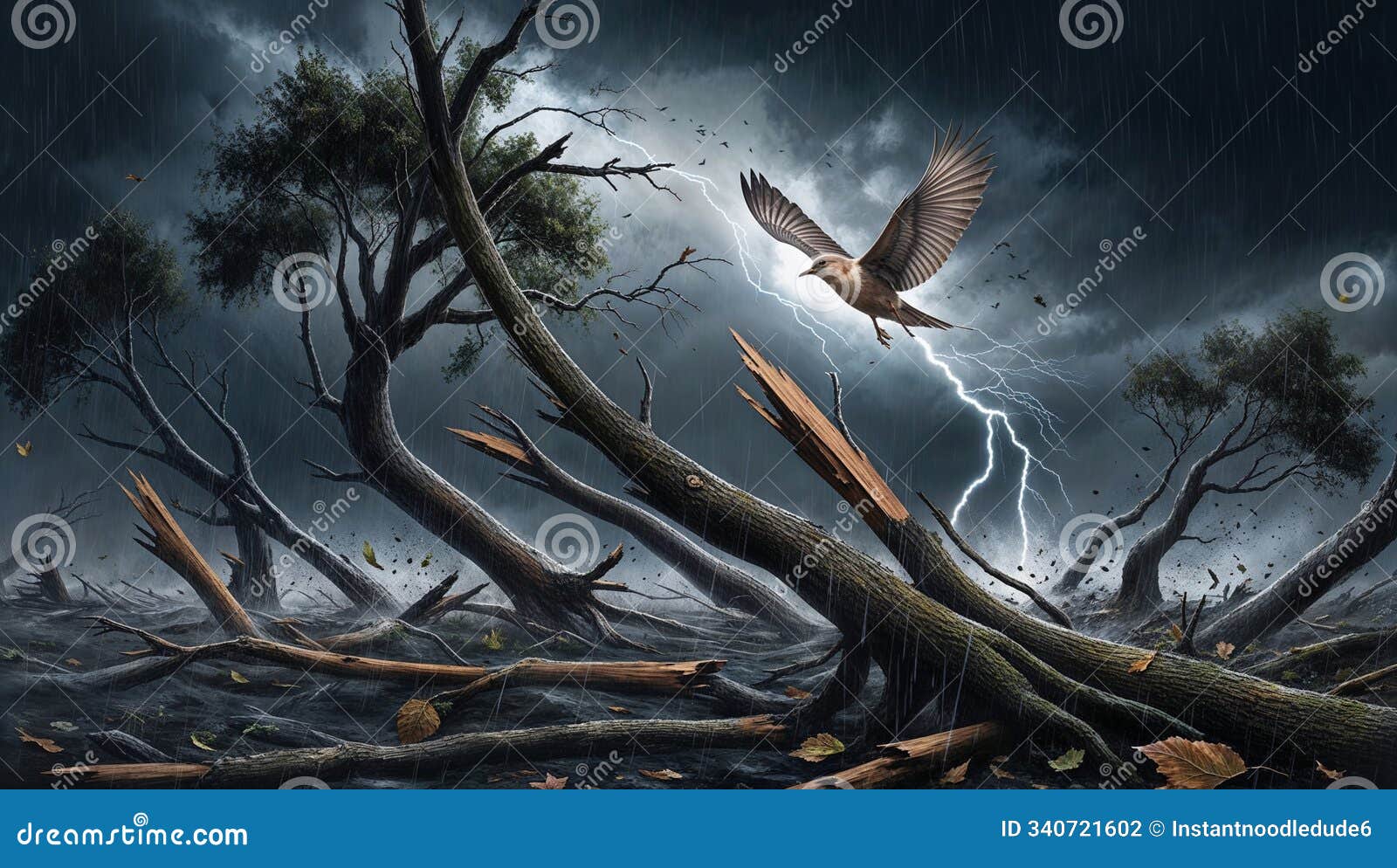 Trees Snapping in Strong Winds – a Lone Bird Flying through the Storm ...