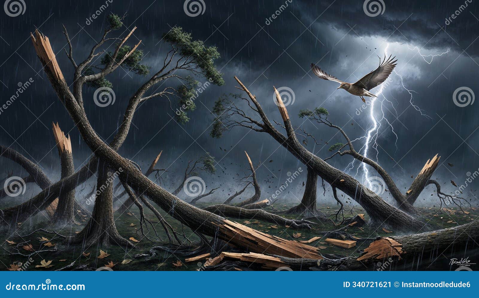 Trees Snapping in Strong Winds – a Lone Bird Flying through the Storm ...