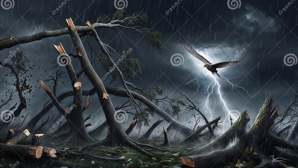 Trees Snapping in Strong Winds – a Lone Bird Flying through the Storm ...