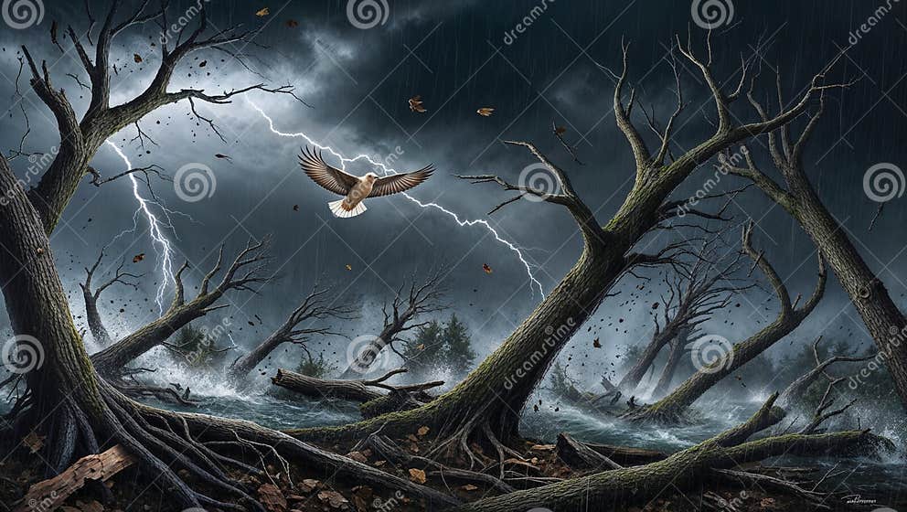 Trees Snapping in Strong Winds – a Lone Bird Flying through the Storm ...