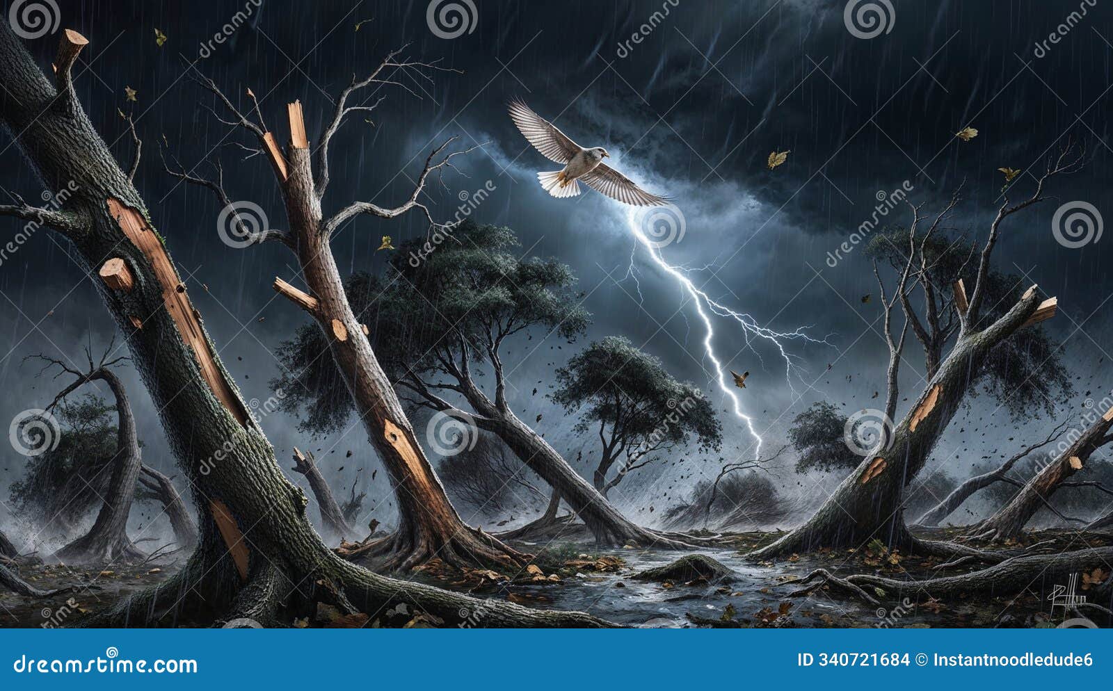 Trees Snapping in Strong Winds – a Lone Bird Flying through the Storm ...