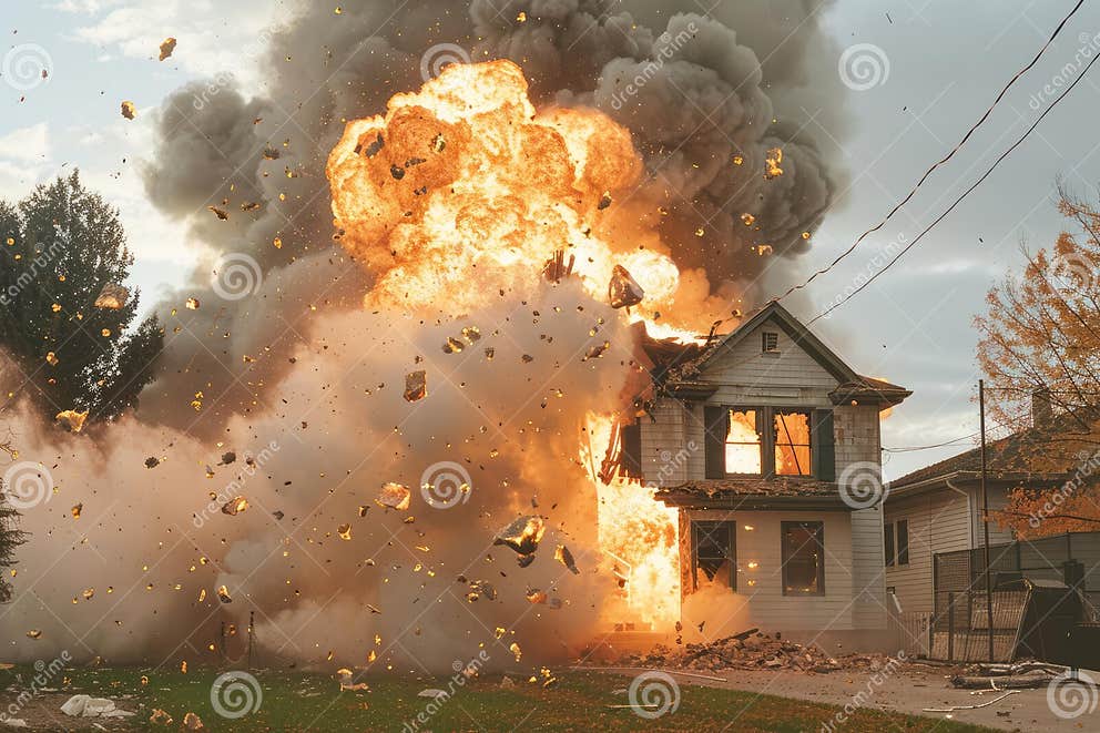 Explosive House Demolition in Suburban Area Stock Photo - Image of ...