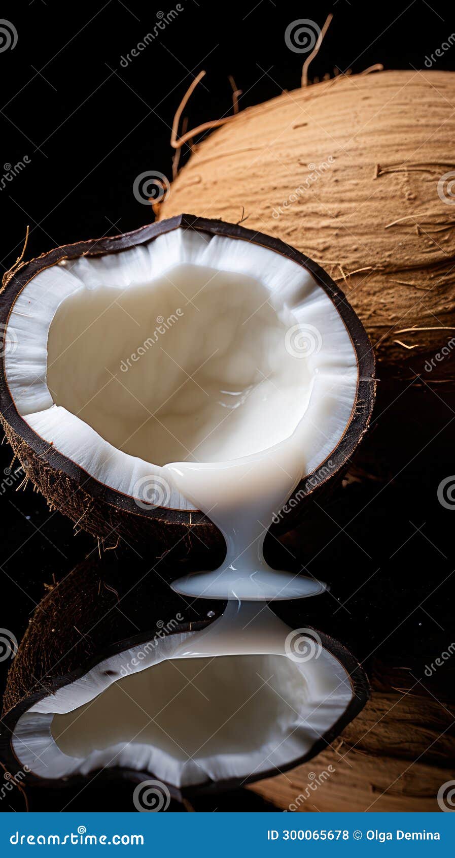 Dramatic Image of Coconut Oil Spill from Fresh Coconut on Reflective ...
