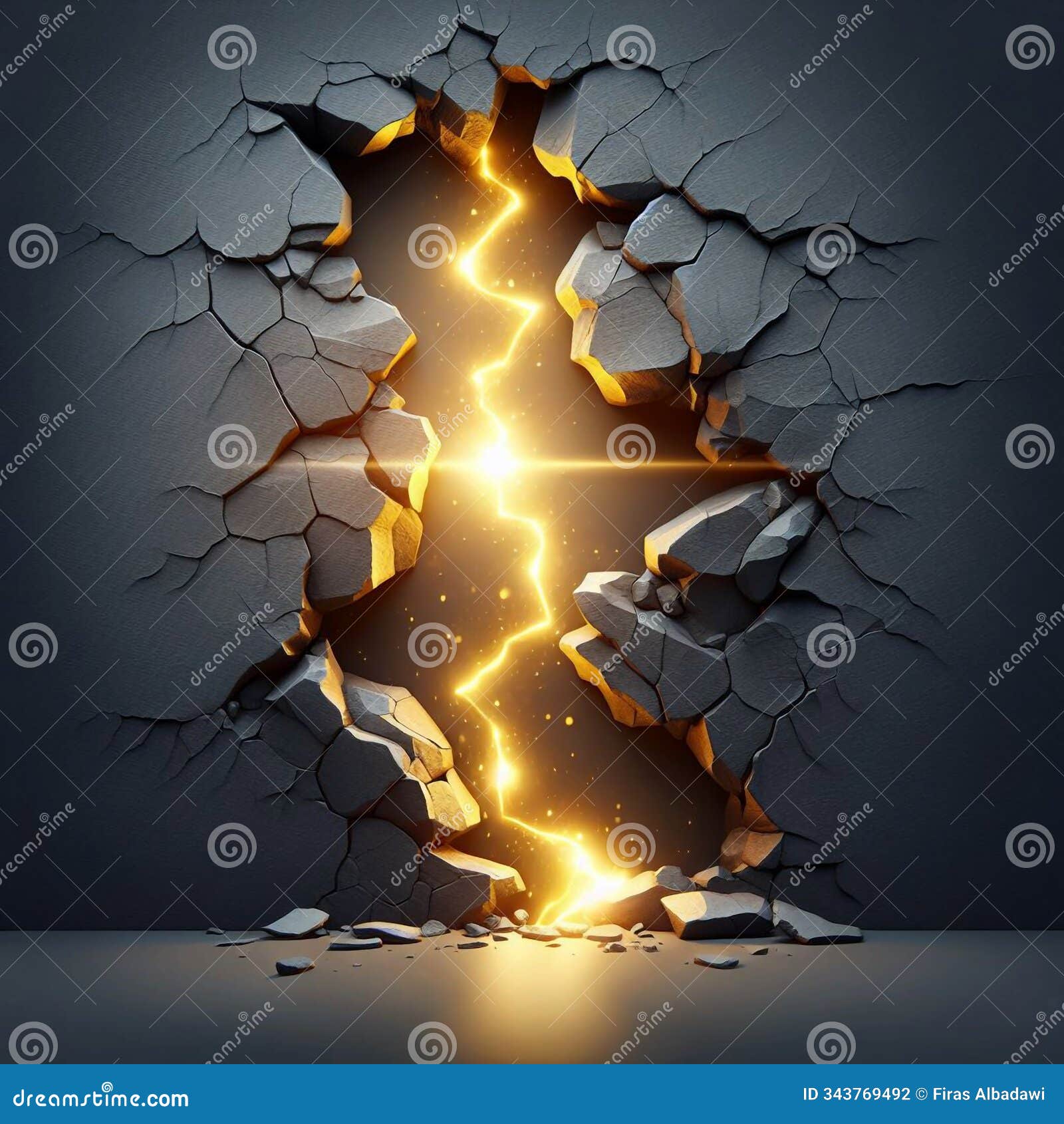 A Dramatic Image of a Cracked Wall with a Glowing, Golden Lightning ...