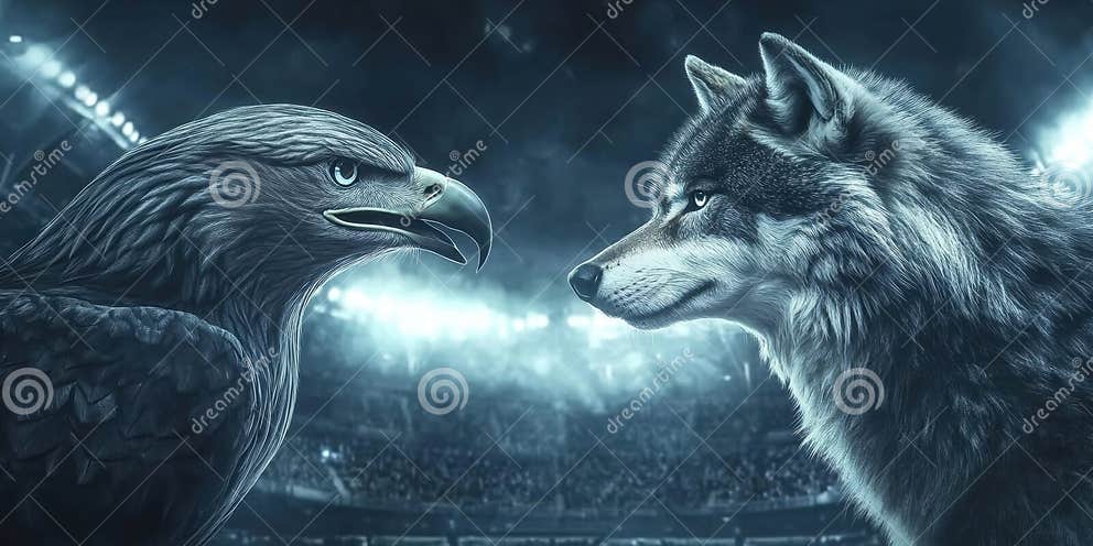 Dramatic Image of Eagle and Wolf Facing Each Other in Intense Stare ...