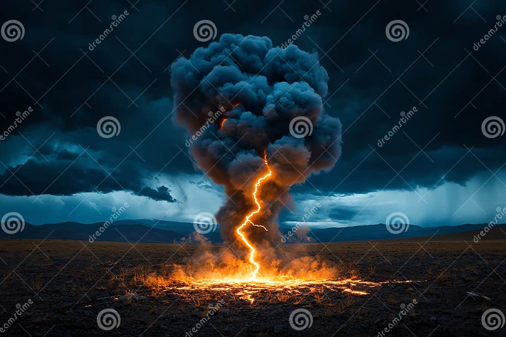 A Dramatic Image of a Fiery Explosion with Lightning Striking through ...