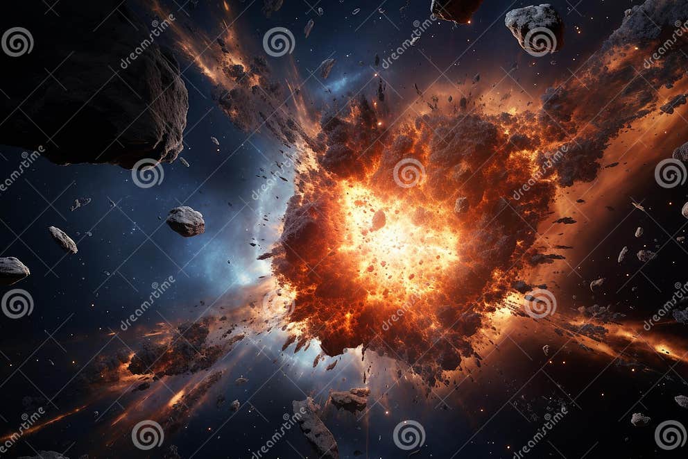 Dramatic Image of a Fiery Explosion in Space with Surrounding Asteroids ...