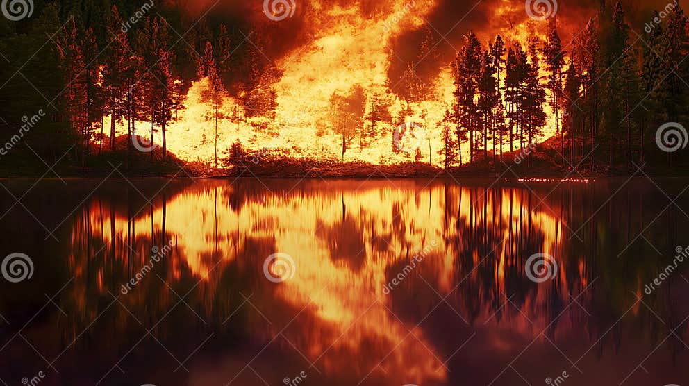 A Dramatic Image of a Forest Fire Reflecting Off the Surface of a Lake ...
