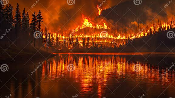 A Dramatic Image of a Forest Fire Reflecting Off the Surface of a Lake ...