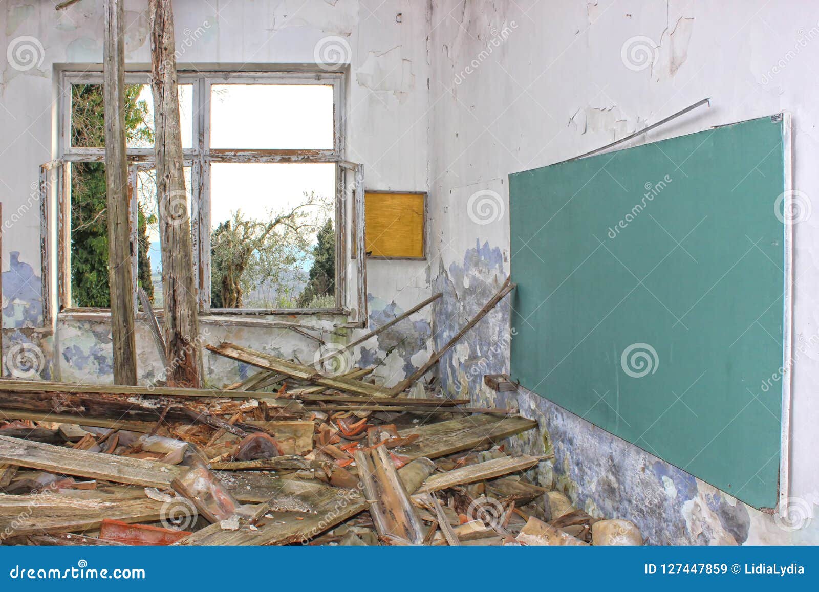Destroyed school building stock image. Image of window - 127447859