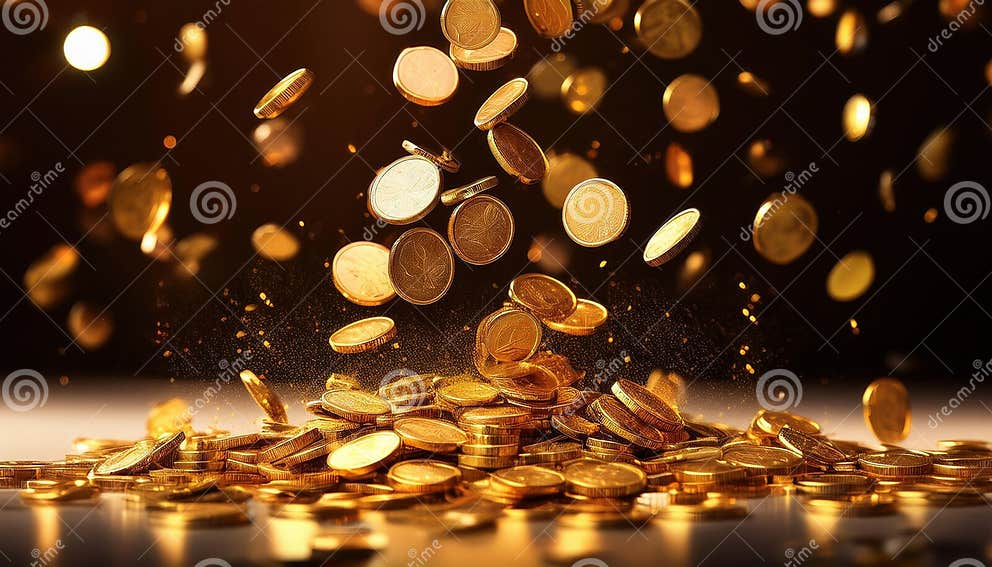 Dramatic Image of Gold Coins Cascading Down in Slow Motion, Illuminated ...