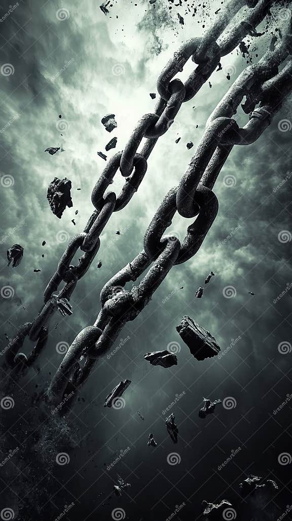 Dramatic Image of Heavy Chains Breaking Amidst Dark Clouds and Falling ...