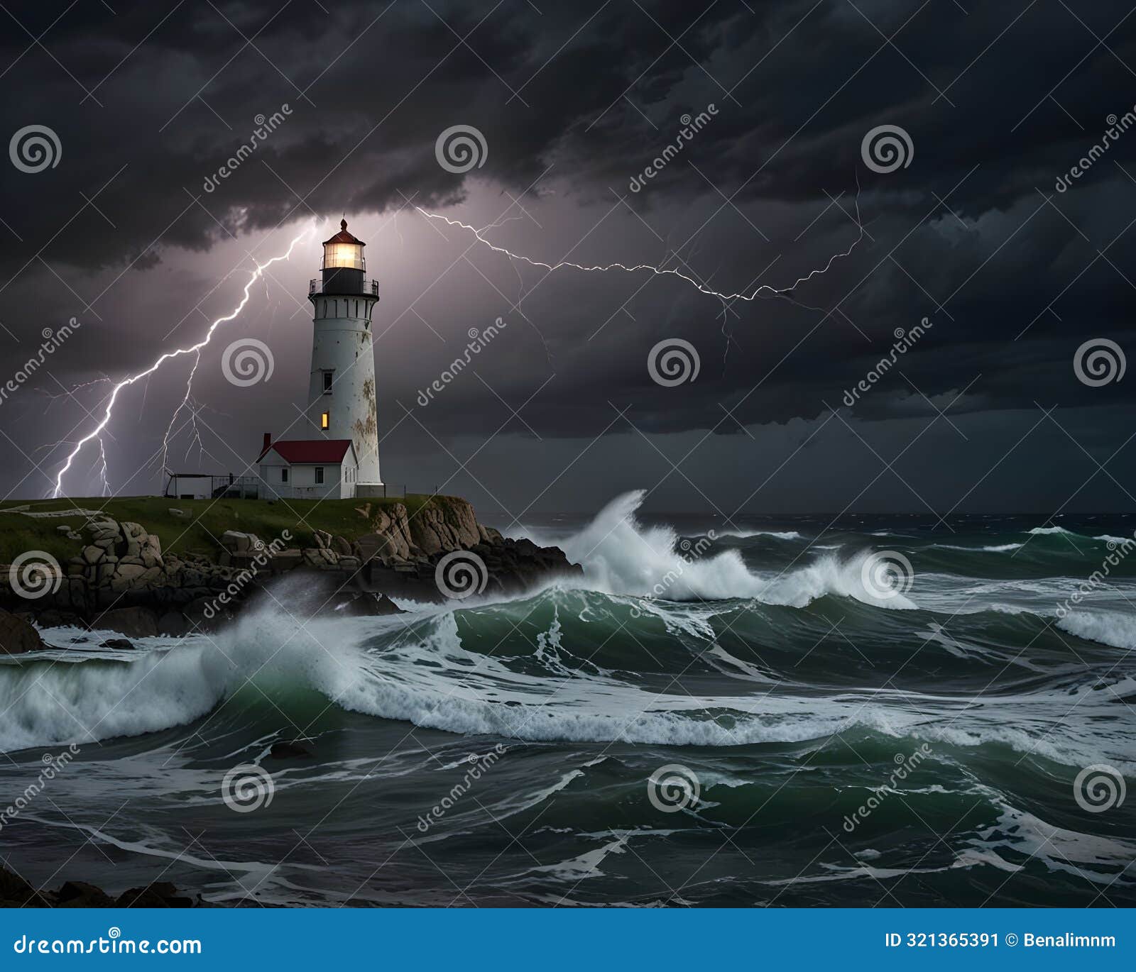 Lighthouse with Lightning Storm and Rough Seas: Coastal Drama Stock ...