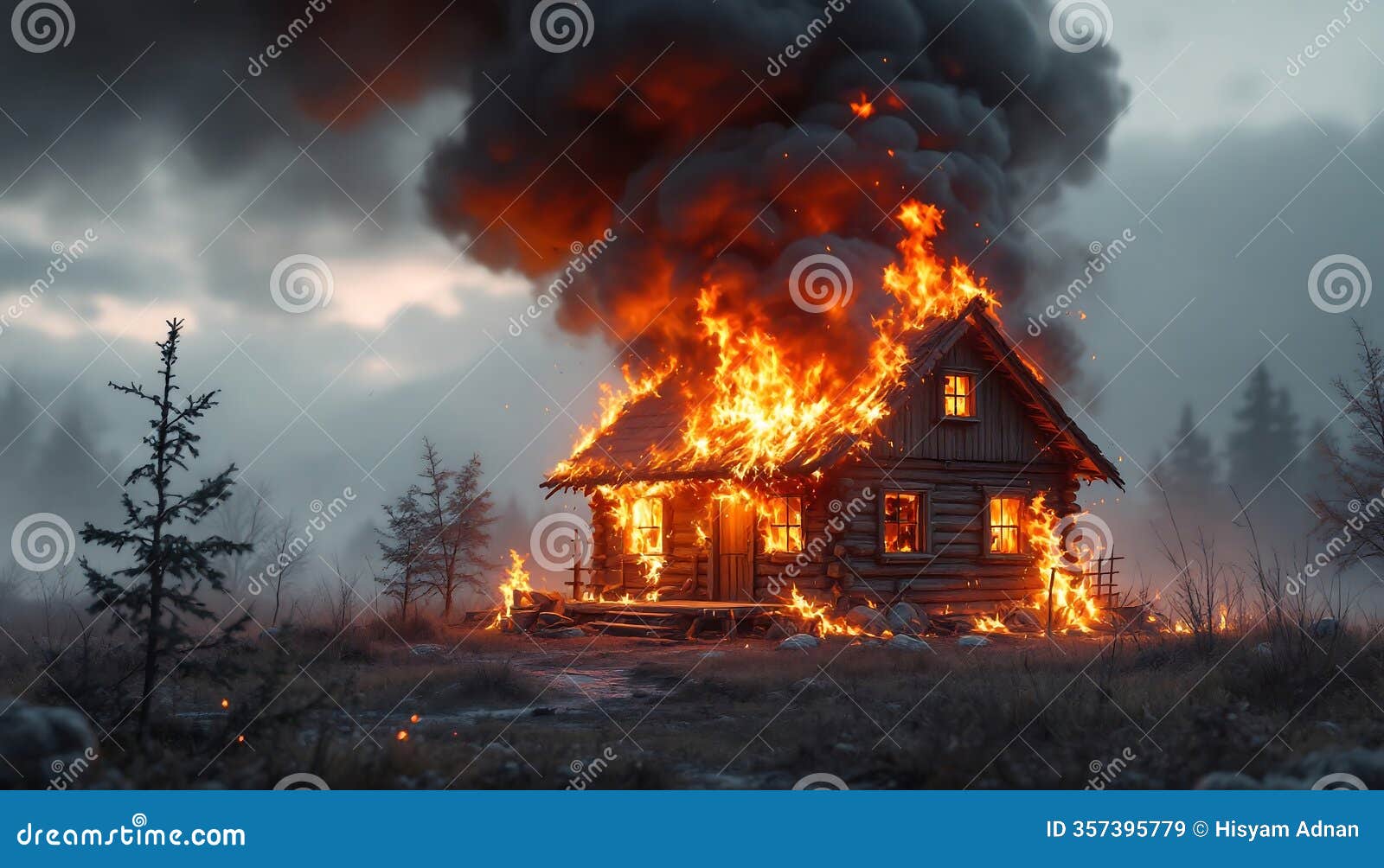 Burning Log Cabin in Forest - Dramatic Fire Scene Stock Photo Stock ...