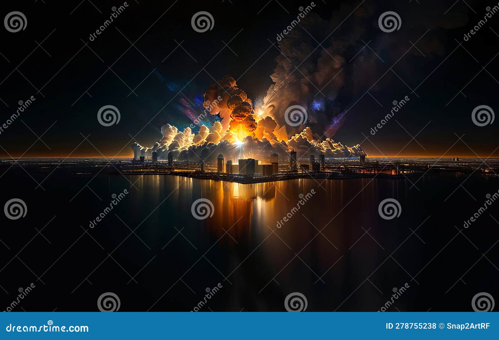 Dramatic Image Of Massive Explosion Destroying City With Reflection In ...