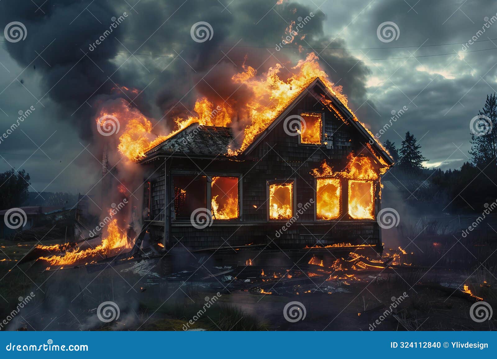 Old Abandoned House Burning in Fire Disaster Stock Photo - Image of ...