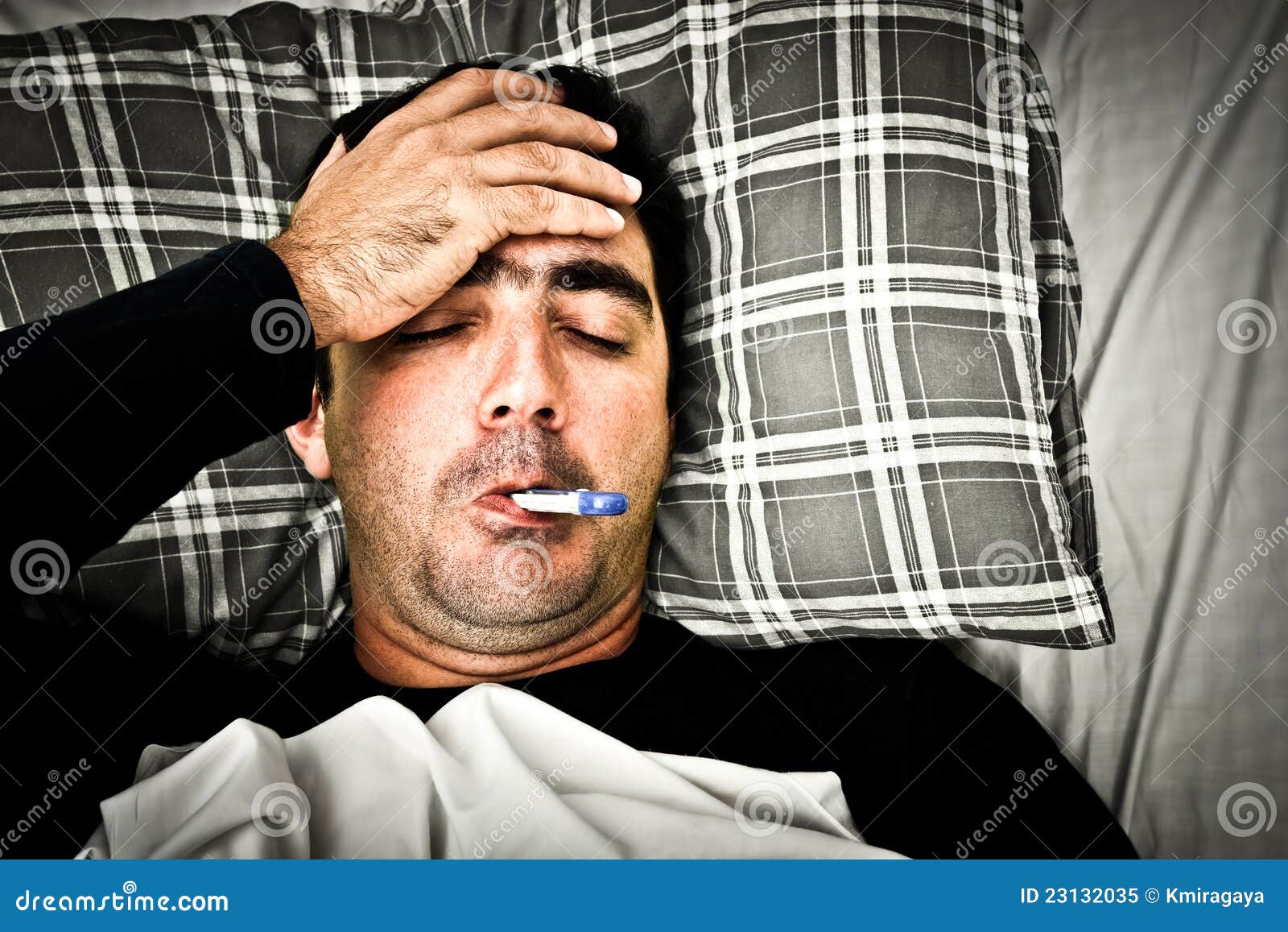 Dramatic Image Of A Sick Man In Bed With Fever Stock Image Image Of
