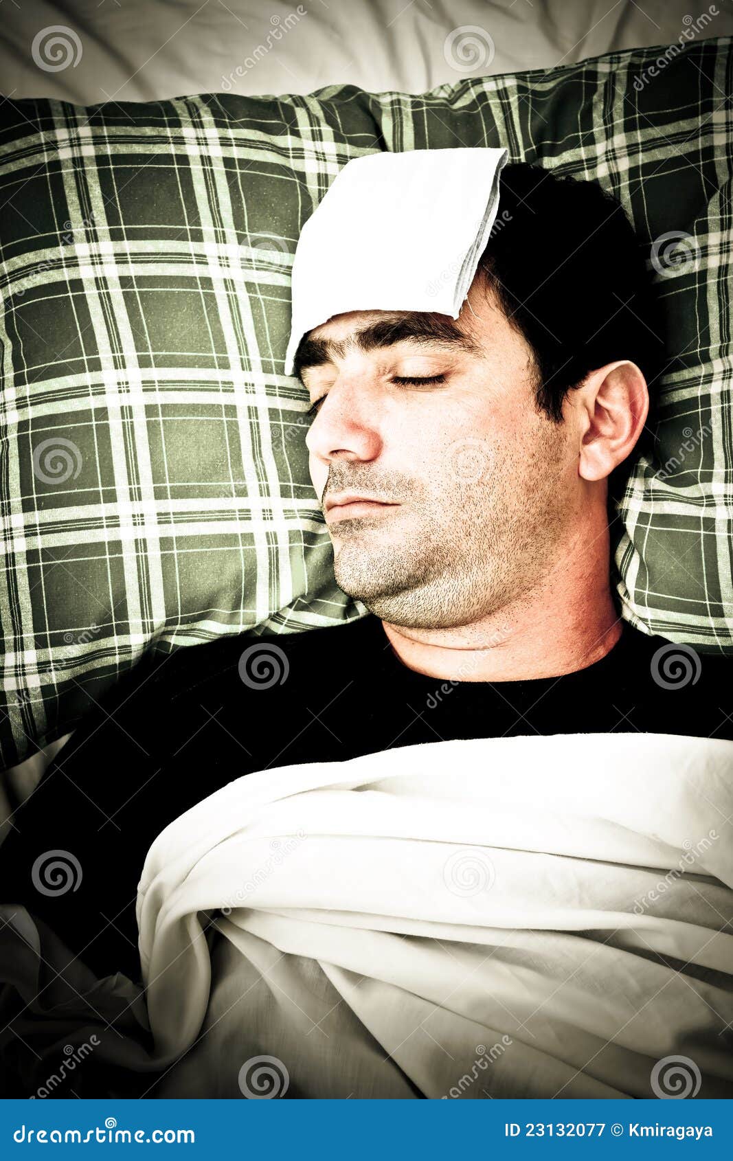 Dramatic Image of a Sick Man in Bed with Fever Stock Image - Image of ...