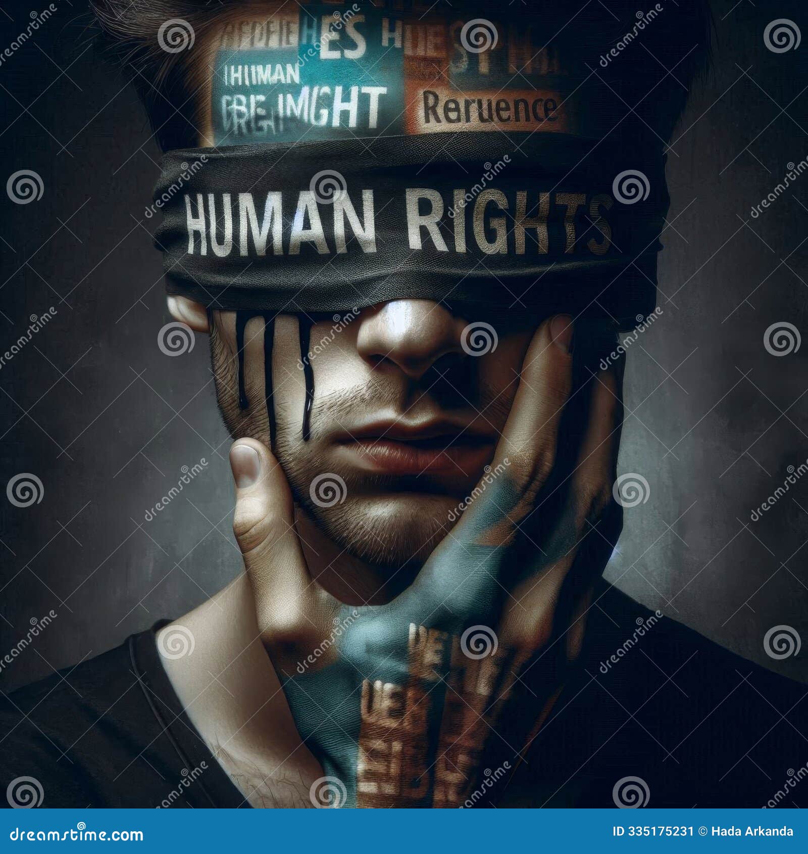 Dramatic Image of Young Man Blindfolded with Human Rights Text ...