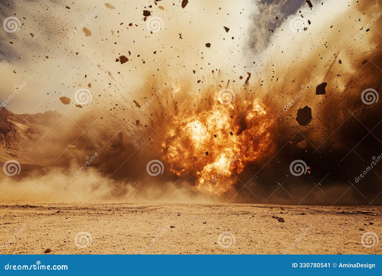 Dramatic and Intense Explosion with Flying Debris in a Vast Desert ...