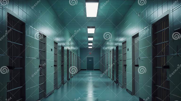 Dramatic Interior of a Prison Corridor with Rows of Locked Cells and ...