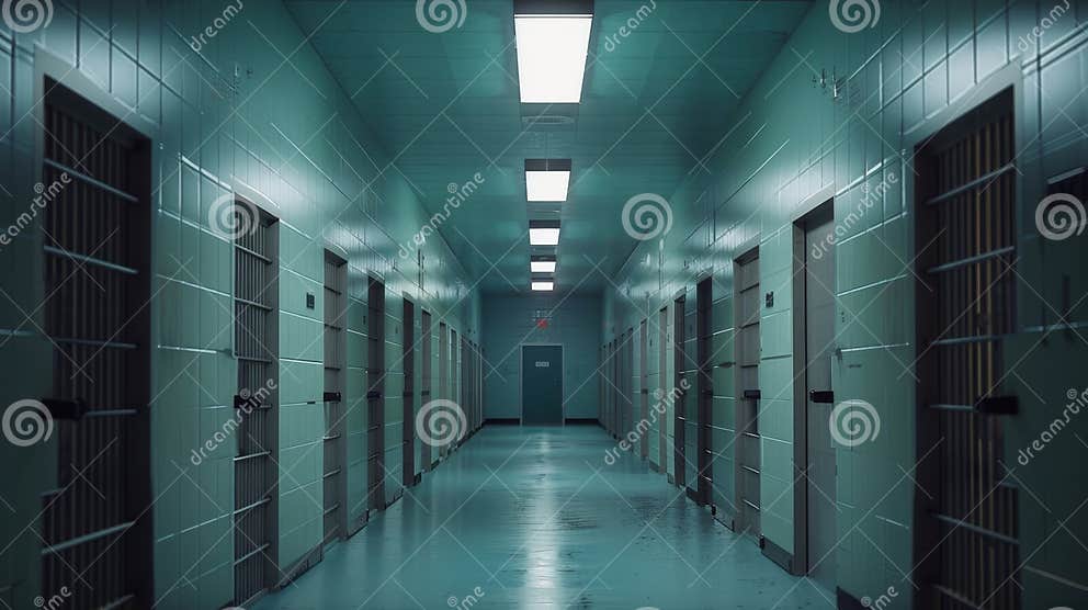 Dramatic Interior of a Prison Corridor with Rows of Locked Cells and ...
