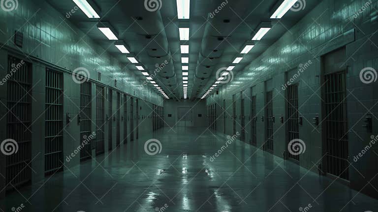 Dramatic Interior of a Prison Corridor Rows of Locked Cells Shrouded in ...