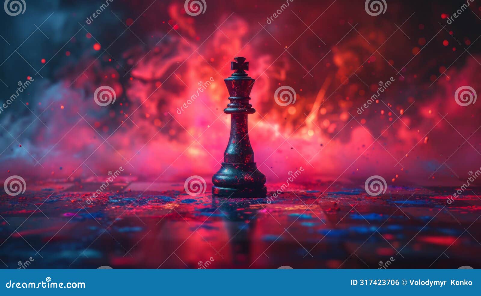 Dramatic King Chess Piece on a Reflective Surface with Explosive Red ...