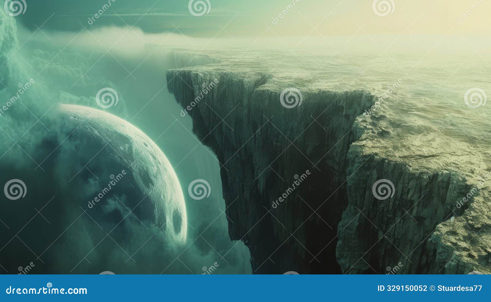 Dramatic Landscape with Cliff and Distant Moon Stock Photo - Image of ...