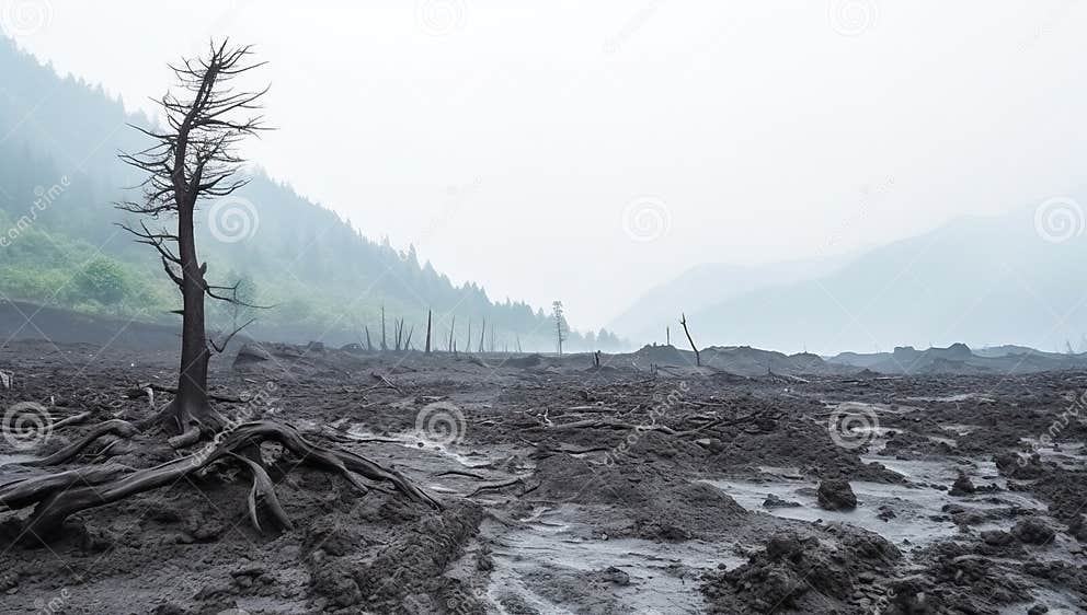 Dramatic Landscape with Dead Trees in the Crater of a Volcano Stock ...