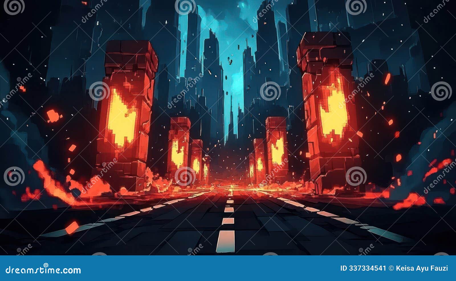 A Dramatic Landscape Featuring Fiery Pillars and a Desolate City ...