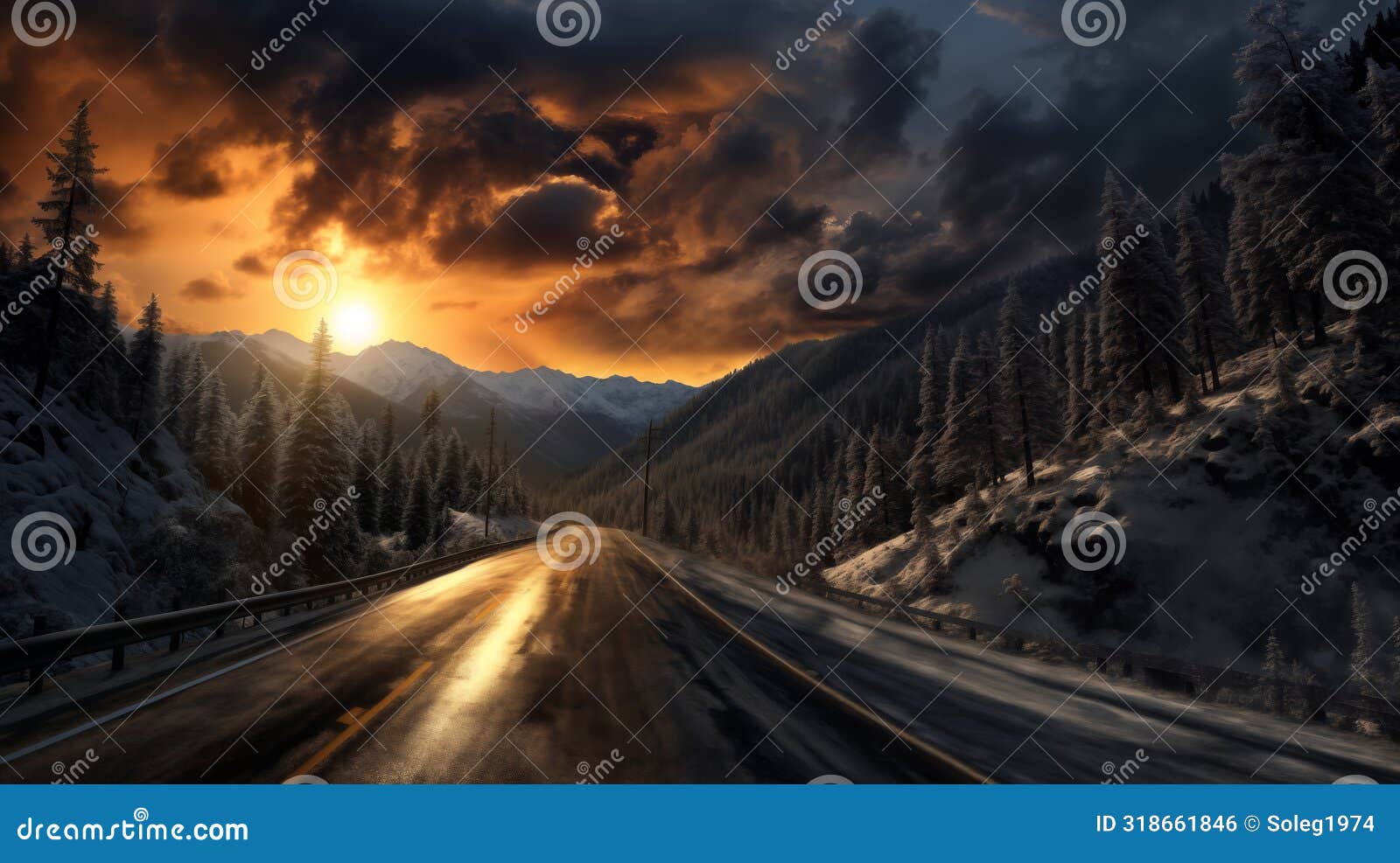 Dramatic Landscape at Sunset, View of the Road in Front of Mountains ...