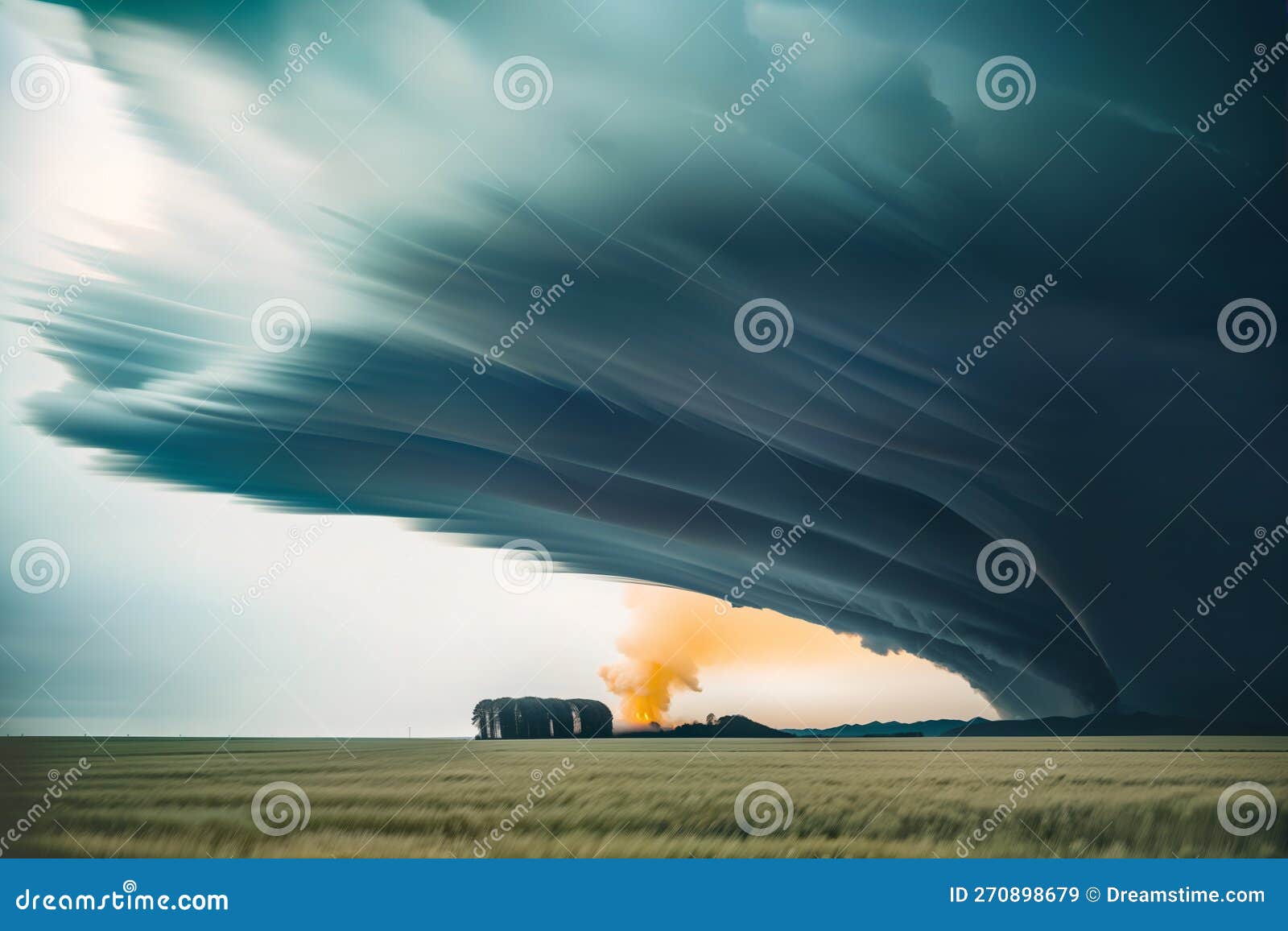 Dramatic Landscape with Tornado and Fire in Green Field. Generative AI ...