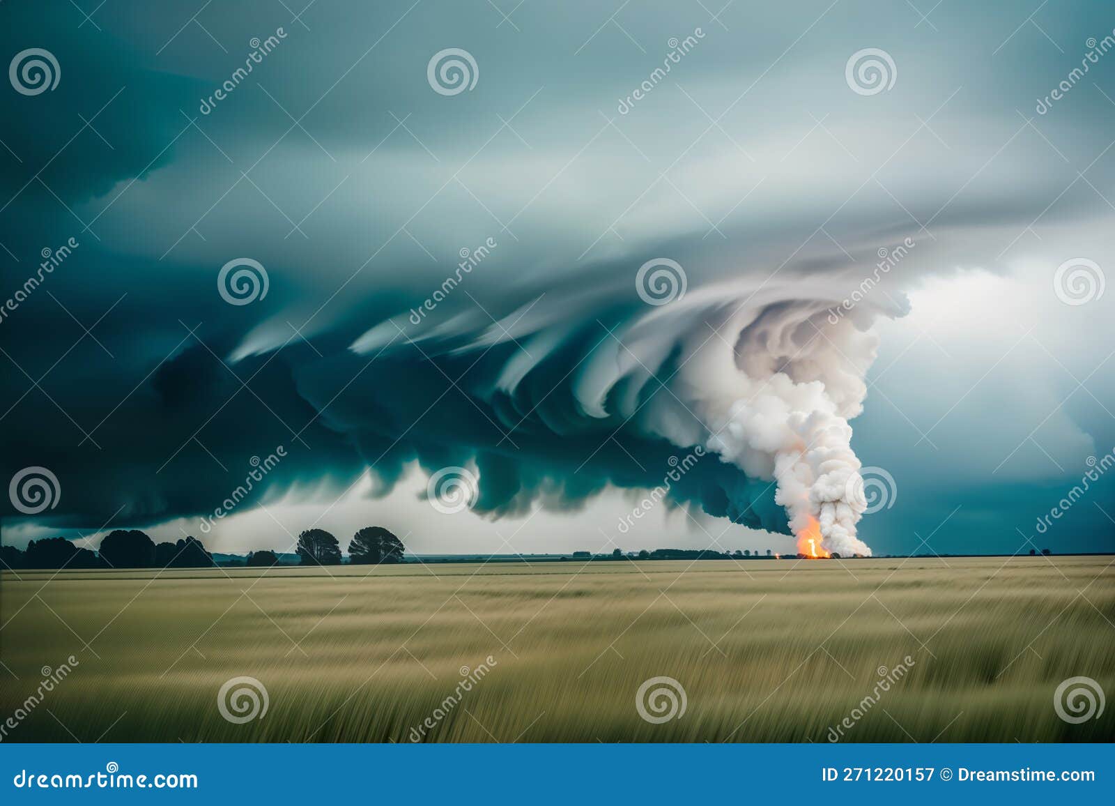 Dramatic Landscape with Tornado and Fire in Green Field. Generative AI ...