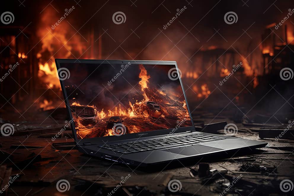 Dramatic Laptop on Fire with Thick Dark Grey Smoke - Realistic and ...