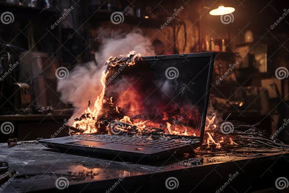 Dramatic Laptop on Fire with Thick Dark Grey Smoke - Realistic and ...