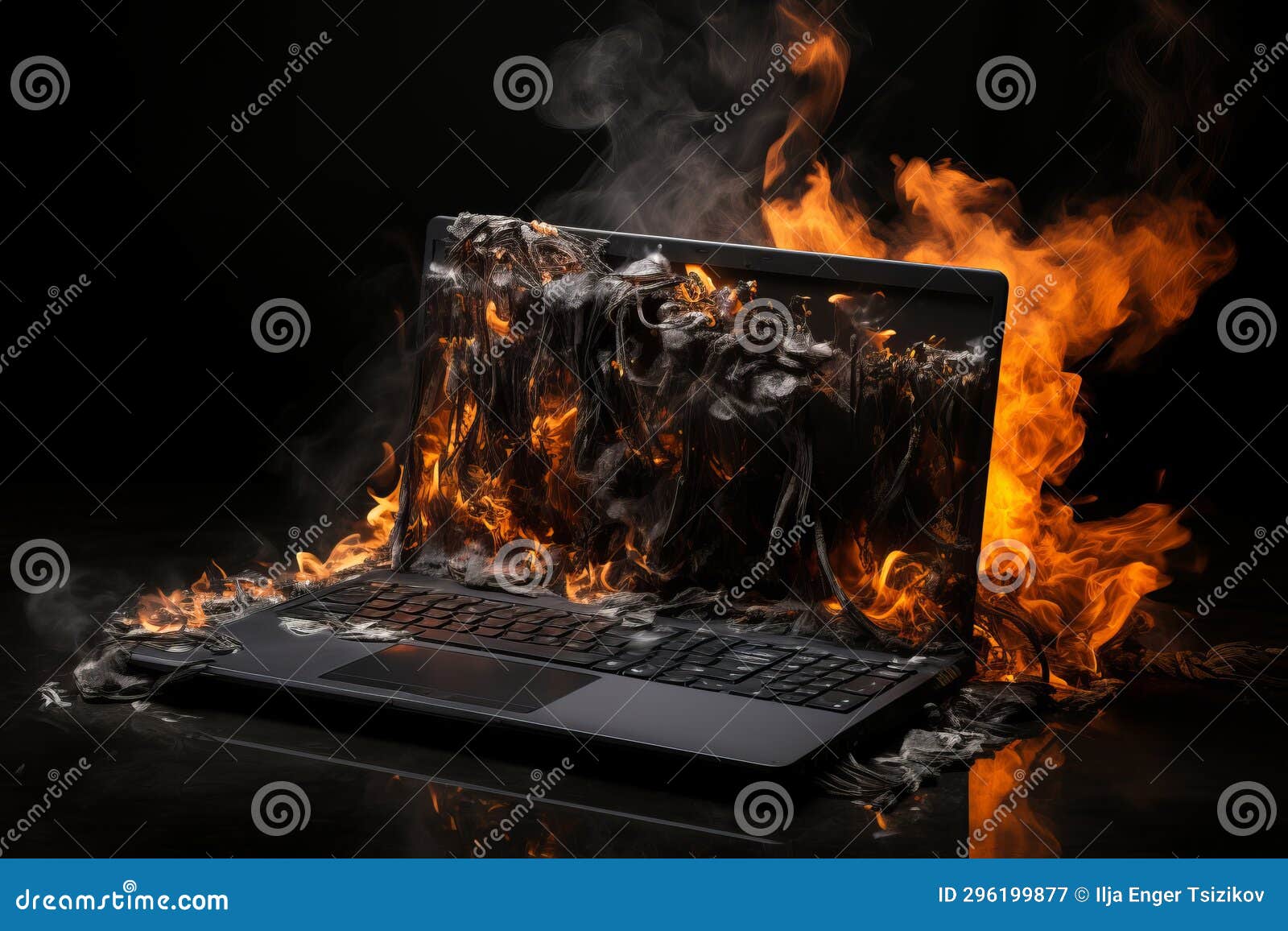 Dramatic Laptop on Fire with Thick Dark Grey Smoke - Realistic and ...