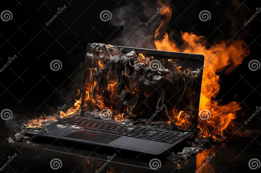 Dramatic Laptop on Fire with Thick Dark Grey Smoke - Realistic and ...