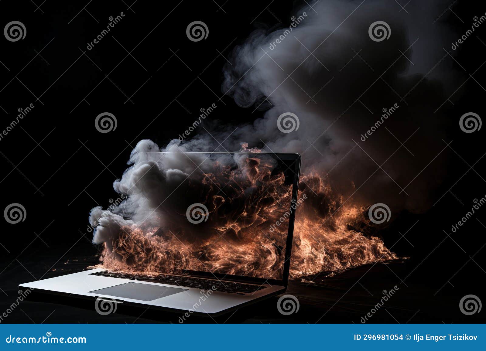 Dramatic Laptop on Fire with Thick Dark Grey Smoke - Realistic and ...