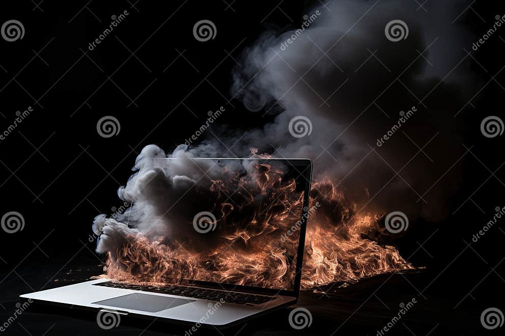 Dramatic Laptop on Fire with Thick Dark Grey Smoke - Realistic and ...