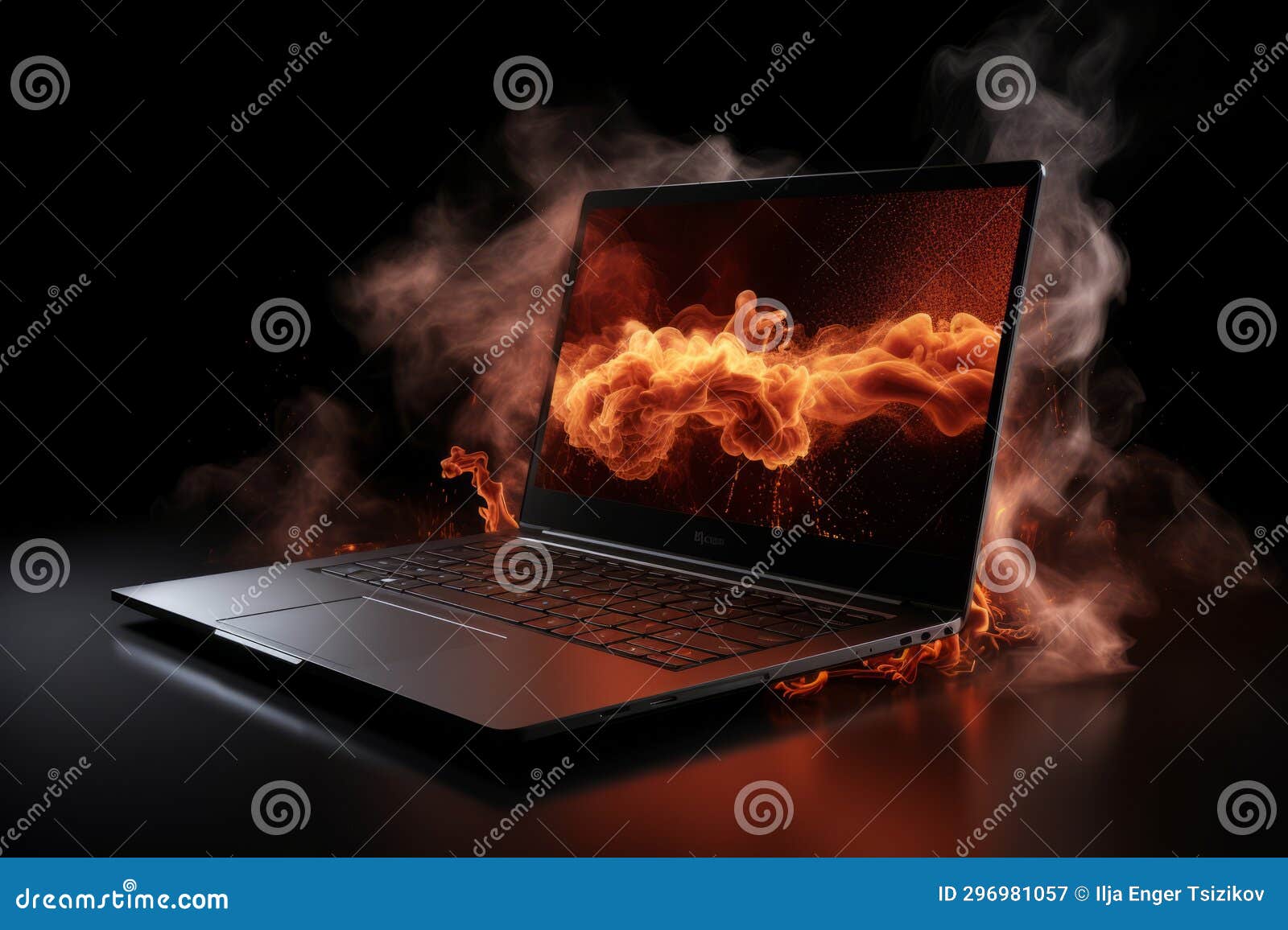 Dramatic Laptop on Fire with Thick Dark Grey Smoke - Realistic and ...