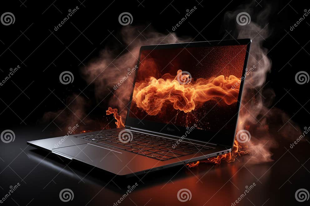 Dramatic Laptop on Fire with Thick Dark Grey Smoke - Realistic and ...