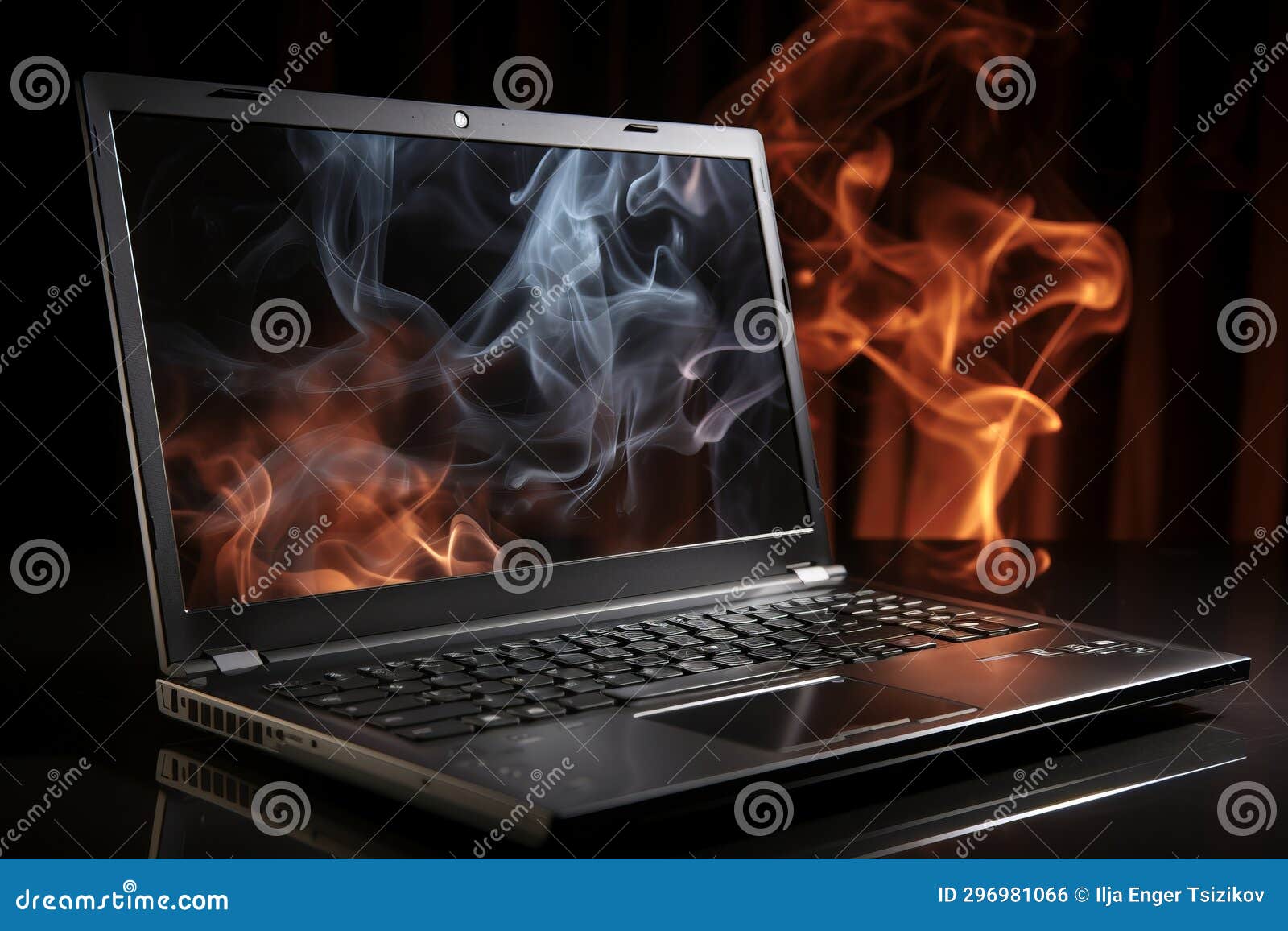 Dramatic Laptop on Fire with Thick Dark Grey Smoke - Realistic and ...