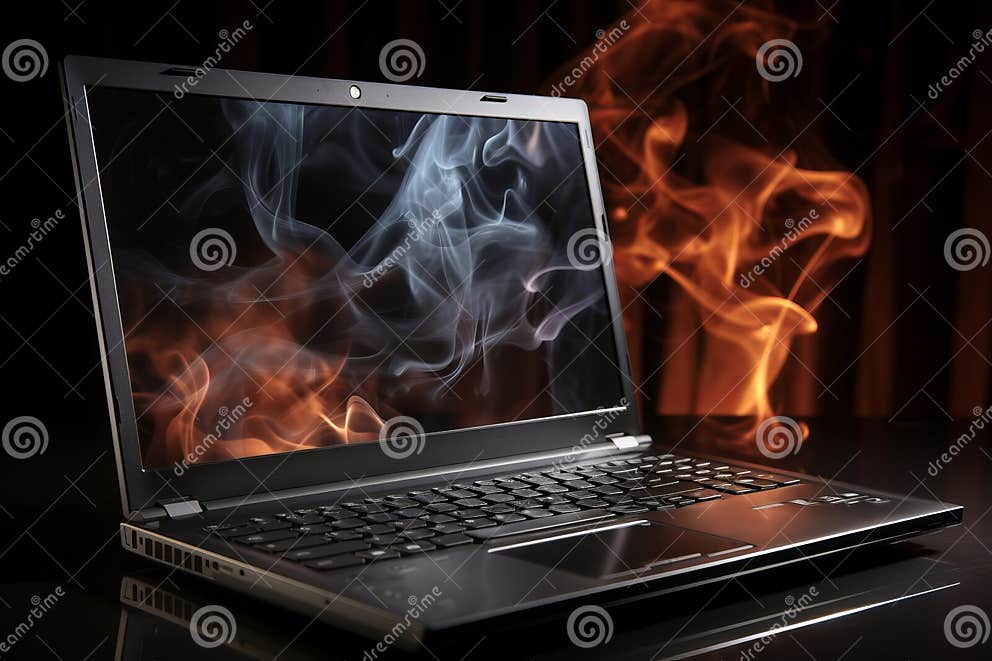 Dramatic Laptop on Fire with Thick Dark Grey Smoke - Realistic and ...
