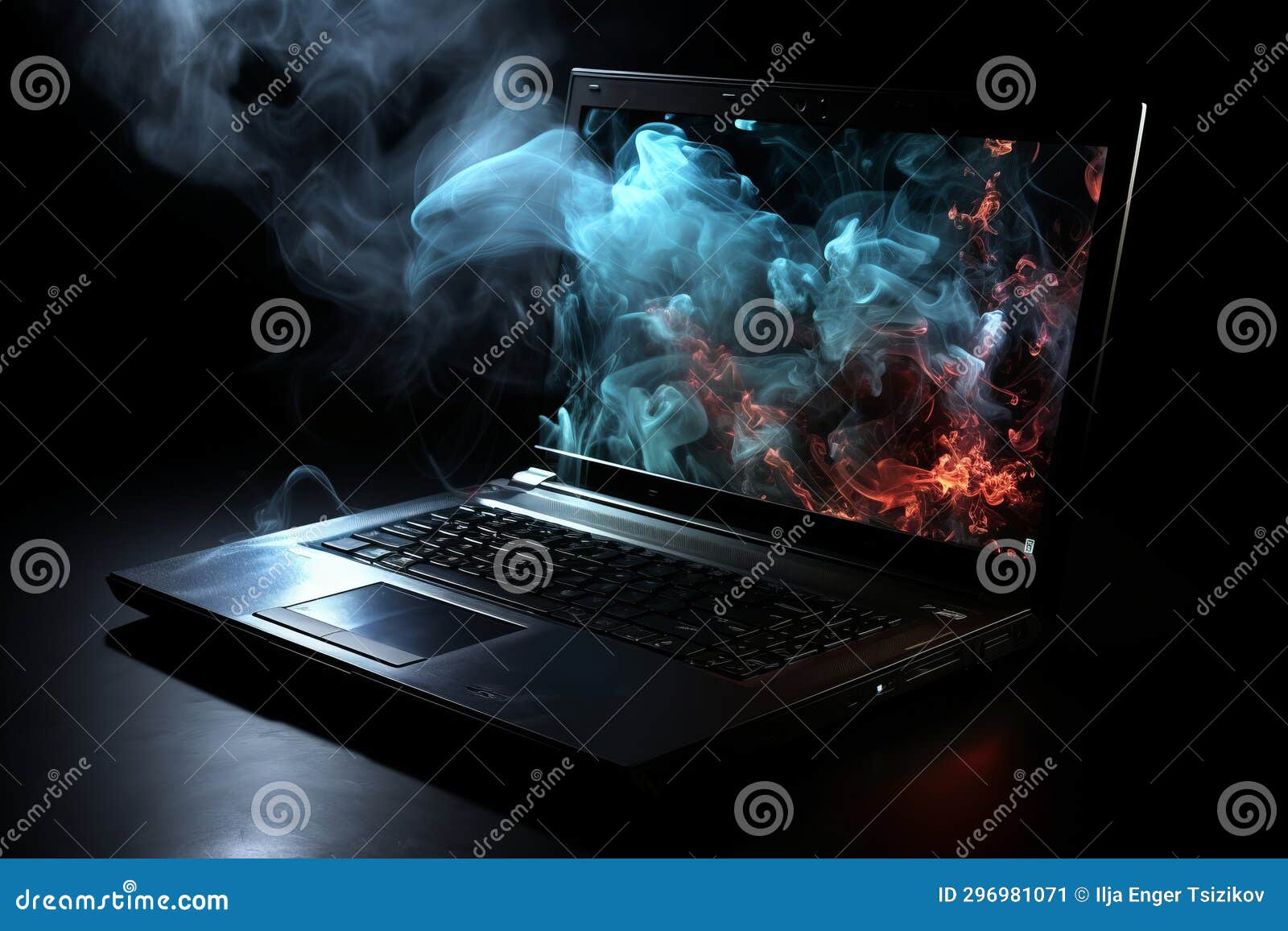 Dramatic Laptop on Fire with Thick Dark Grey Smoke - Realistic and ...
