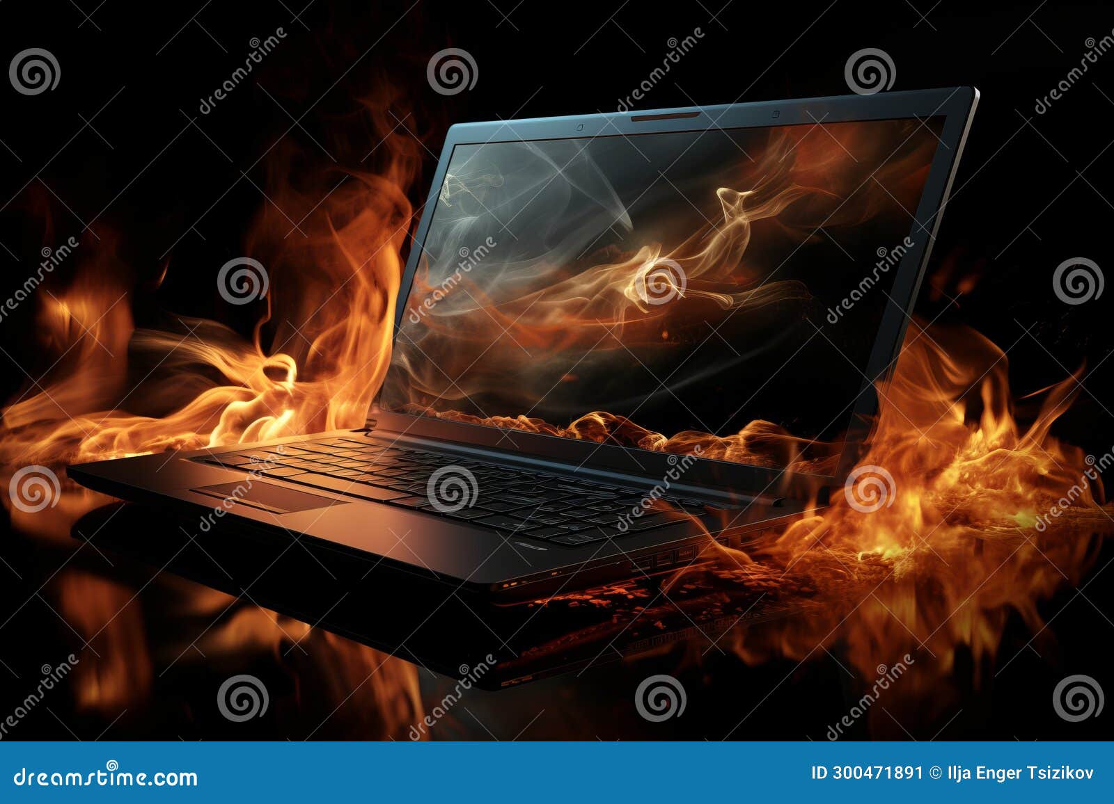 Dramatic Laptop on Fire with Thick Dark Grey Smoke - Realistic and ...