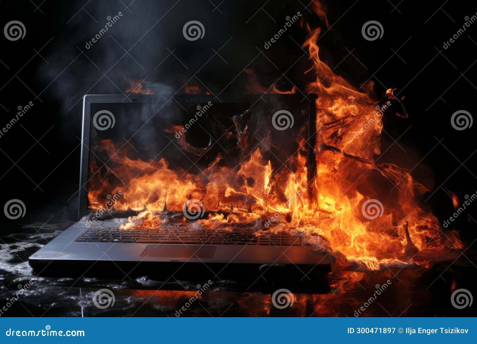 Dramatic Laptop on Fire with Thick Dark Grey Smoke - Realistic and ...