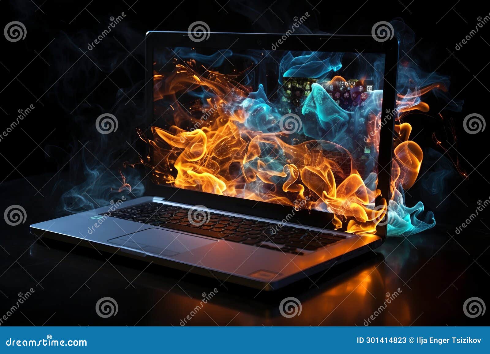 Dramatic Laptop on Fire with Thick Dark Grey Smoke - Realistic and ...