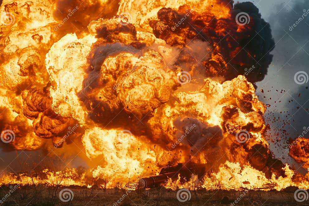Massive Explosion with Fiery Clouds and Scattered Debris Stock Image ...