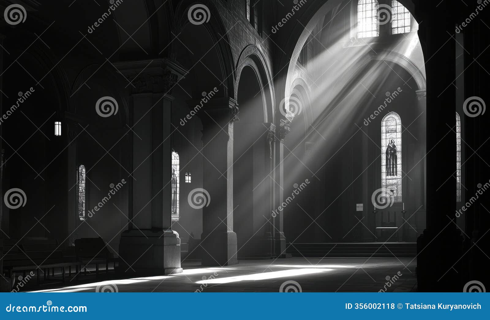 Dramatic Light Rays Illuminating Gothic Architecture in Serene Church ...
